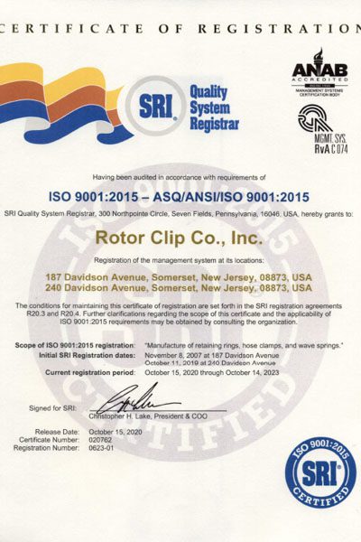 ISO 9001 Certificate | Rotor Clip